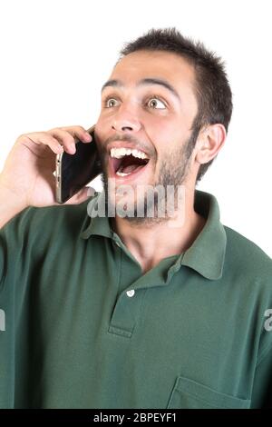 young man with cellphone doing funny faces isolated in white Stock ...