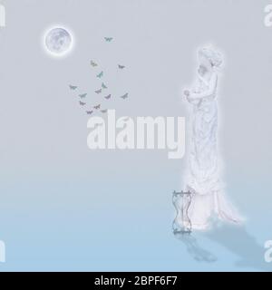 Statue of Roman moon goddess Luna holding a torch, wearing a billowing ...