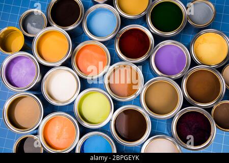 Background from multi color cans of paint Stock Photo - Alamy