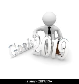 Small businessman with the word goals and the number 2021 in silver, 3d ...