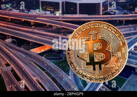 bitcoin against skyscrapers - futuristic smart city - cryptocurrency ...