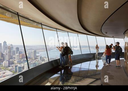 Glazed viewing platform with Puget Sound beyond. Space Needle, Seattle ...