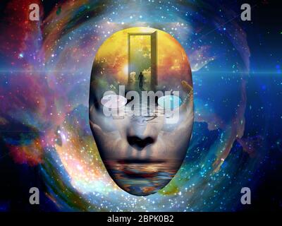 Mask with the image of seashore. Colorful universe on background. 3D ...