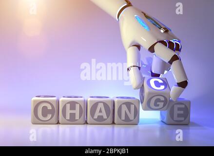 cyborg robot hand changes text cube from change to chance - ai concept ...