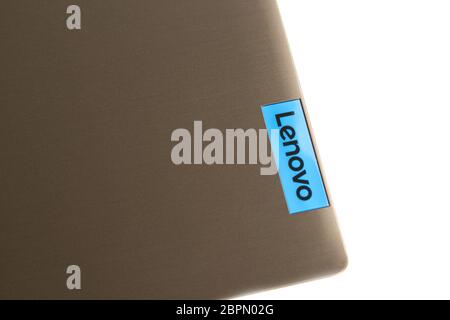 Back side of laptop with lenovo logo isolated on white background Stock ...