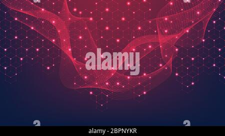 Hexagons abstract grid with connected lines and dots. Embossed hexagons grid background. Hex ...