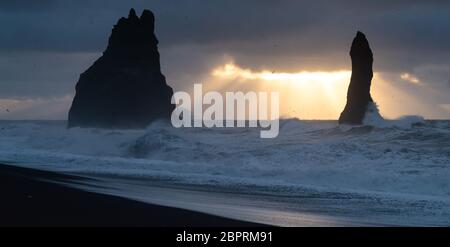 Rock spire of Reynisdrangur, coast of Reynisfjara close to Vik, Iceland ...