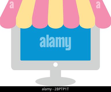 computer with store tent icon over white background, block line style ...