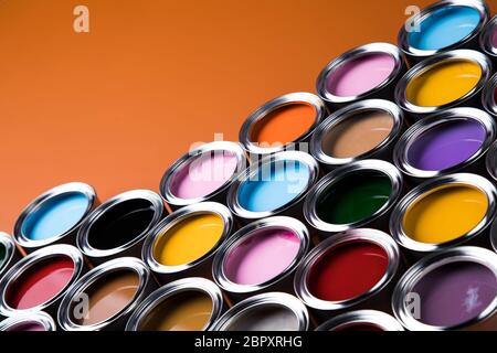 Creativity concept group of tin metal cans with color paint Stock Photo ...