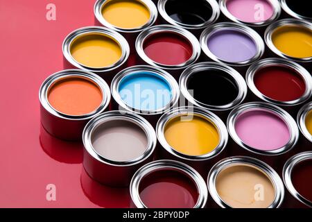 Collection of colored paints cans Stock Photo - Alamy
