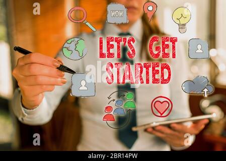 Text sign showing Let S Is Get Started. Business photo text to begin ...
