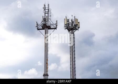 equipment on cell phone towers, tower antennas Stock Photo - Alamy