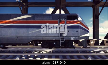 High speed train, the train passes on the railway bridge at sunrise ...
