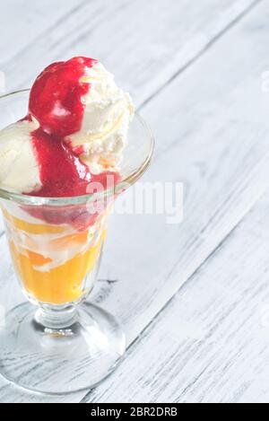 Bowl of Peach Melba - vanilla ice cream with peaches and raspberry ...