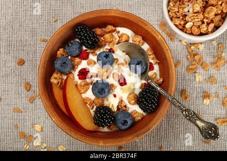 Close up portion of muesli granola breakfast with yogurt, fruits and ...