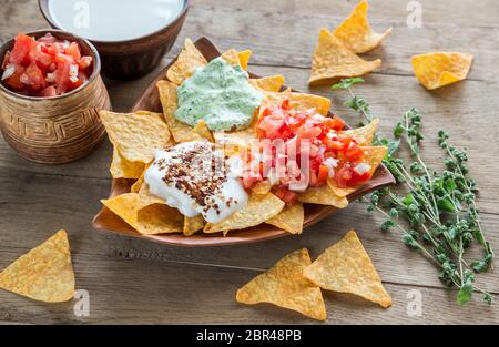 Cheese nachos with different types of sauce Stock Photo - Alamy