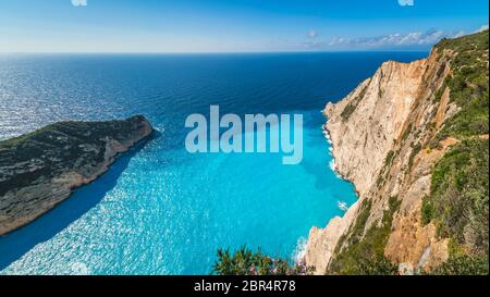Panoramic view of the cliffs near Shipwreck Cove in summer on Zante ...