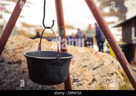 bivouac fireplace shelter camp out in mountain cauldron campfire Stock ...