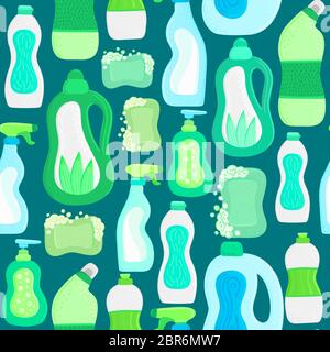 Seamless pattern. Eco friendly household cleaning supplies and leaves ...