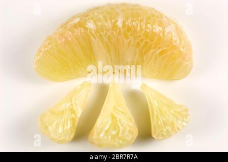 Peeled Pomelo segment showing the complex arrangement of juice vesicles ...