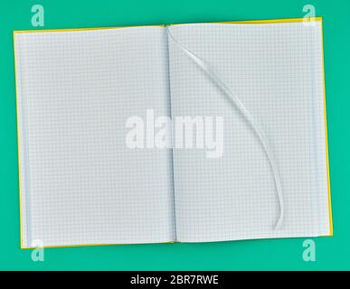 open notebook in line on a green background, top view, empty white ...