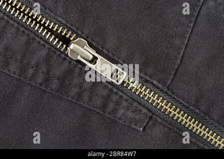 Open Crosswise Brass Zip on Black Jeans Texture Background. Open Brass ...