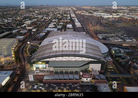 An aerial view of Chase Field and the downtown skyline, Tuesday, March ...