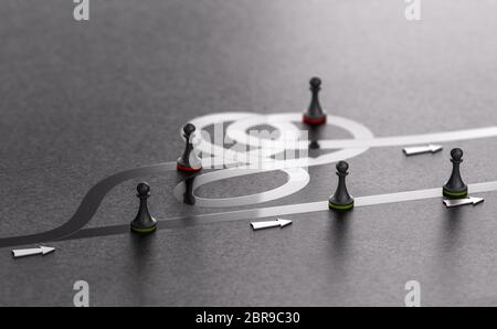 3D illustration of green pawns choosing the best way forward instead of ...