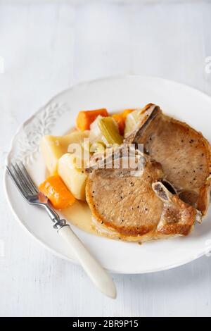 close up of rustic germain braised pork chops Stock Photo - Alamy