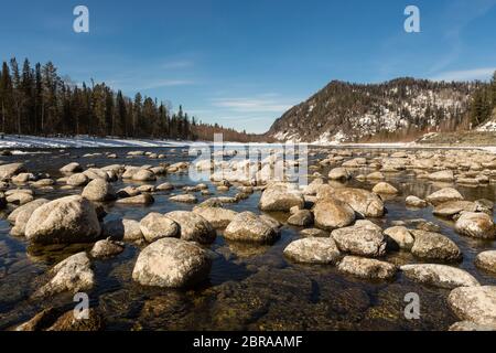 A beautiful view of stones near a river with trees alongside Stock ...