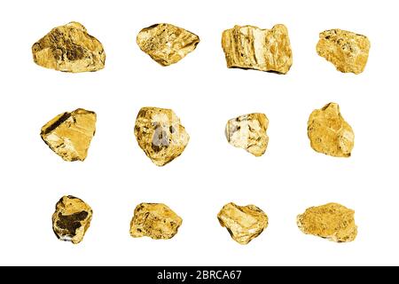 Golden stones set on white background isolated close up, gold nuggets ...