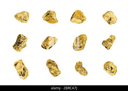 Golden stones set on white background isolated close up, gold nuggets ...