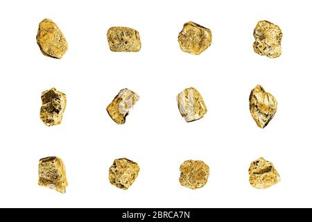 Golden stones set on white background isolated close up, gold nuggets ...