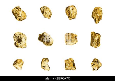 Golden stones set on white background isolated close up, gold nuggets ...