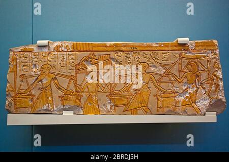Pictures and hieroglyphics carved in the stone wall of ancient Egyptian ...