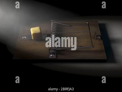 A regular wood and metal mousetrap baited with a block of cheese on a ...