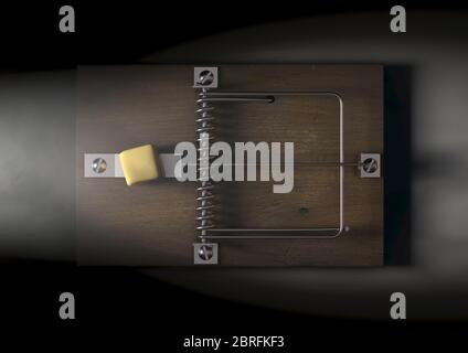 A regular wood and metal mousetrap baited with a block of cheese on a ...