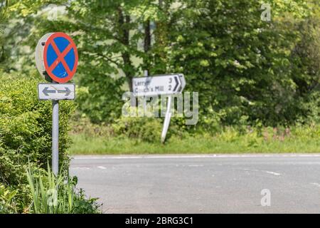 Rural No Stopping Clearway road sign on UK country road (Cornwall). For ...