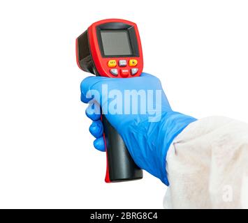 hand with medical gloves and thermometer on blue surface Stock Photo ...