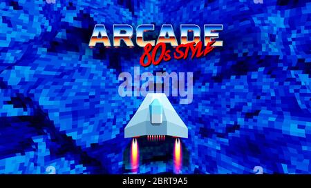 Arcade space ship flying over the road with 3D buildings, 80s style ...