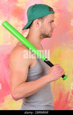 Man, tired face and baseball player thinking of game or match strategy ...