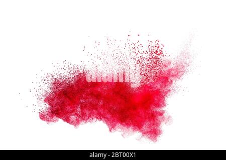 Red dust particles explosion on white background.Red sand splash Stock ...