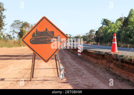 Road work ahead sign indicating construction on side road in Melbourne ...