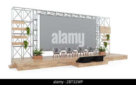 Wood and metal event stage with conference panel chairs, industrial ...