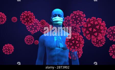Man wearing face mask surrounded by virus particles, illustration Stock ...
