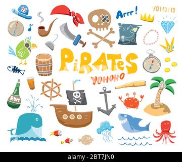 Pirate Doodles Set. Cute pirate items sketch collection. Hand drawn ...