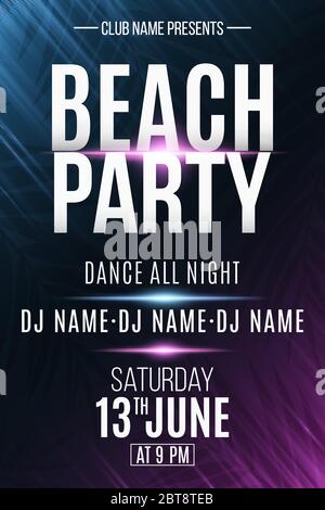 Neon beach party poster. Tropical paradise, summer partying night and ...