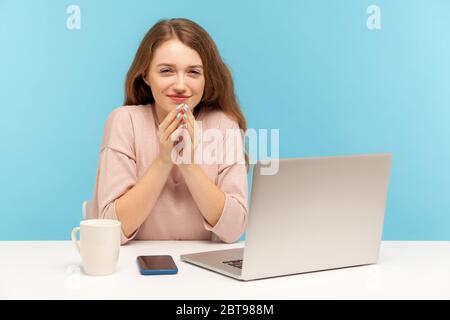 Villain idea. Sneaky businesswoman conspiring scheming, thinking over ...
