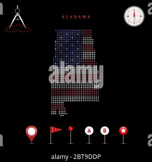 Alabama pixel flag map icon. 8 bit pixel art map covered with american ...