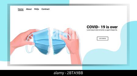 human hands tearing medical mask apart covid-19 is over ending ...